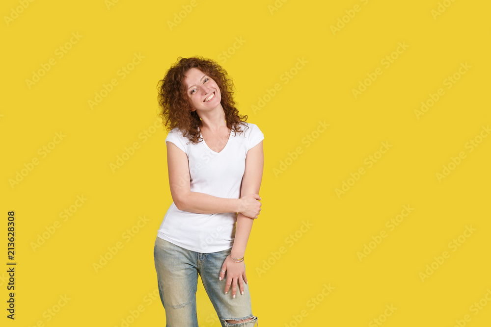 Smiling positive female with attractive look, wearing white t-shirt and ...