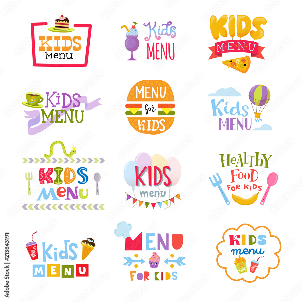 Kids menu vector lettering template for child s food or meal in ...