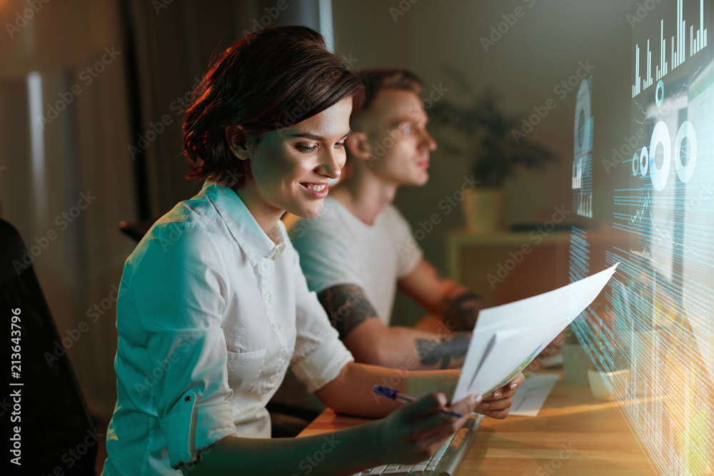 Programmers Writing Software For Website On Holographic Screen Stock ...