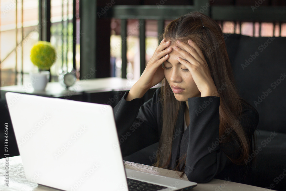 Business Woman Having Headache While Working Using Laptop Computer ...