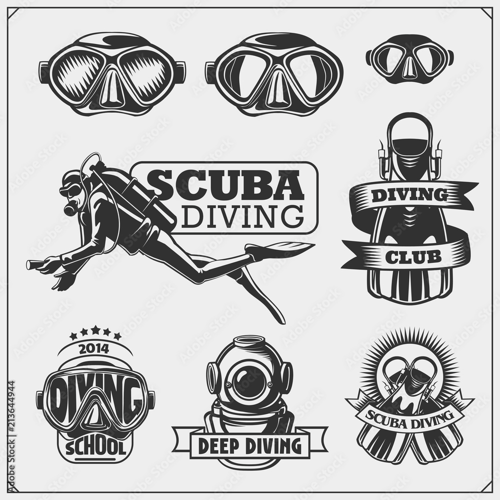 Set of Scuba diving emblems. Underwater swimming and spearfishing ...