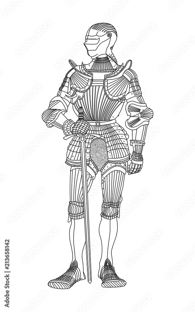 Medieval knight in armor. Black-and-white illustration of a medieval ...
