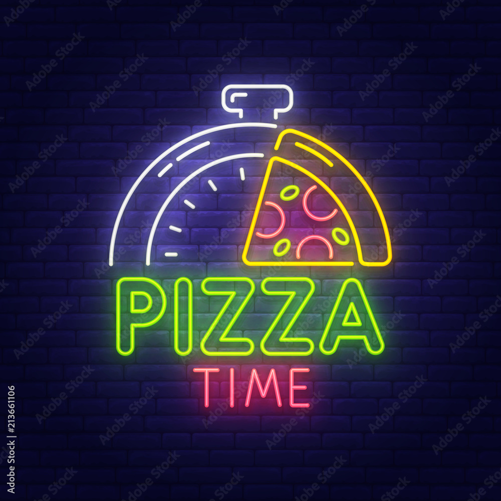 Pizza Time neon sign, bright signboard, light banner. Cafe and ...