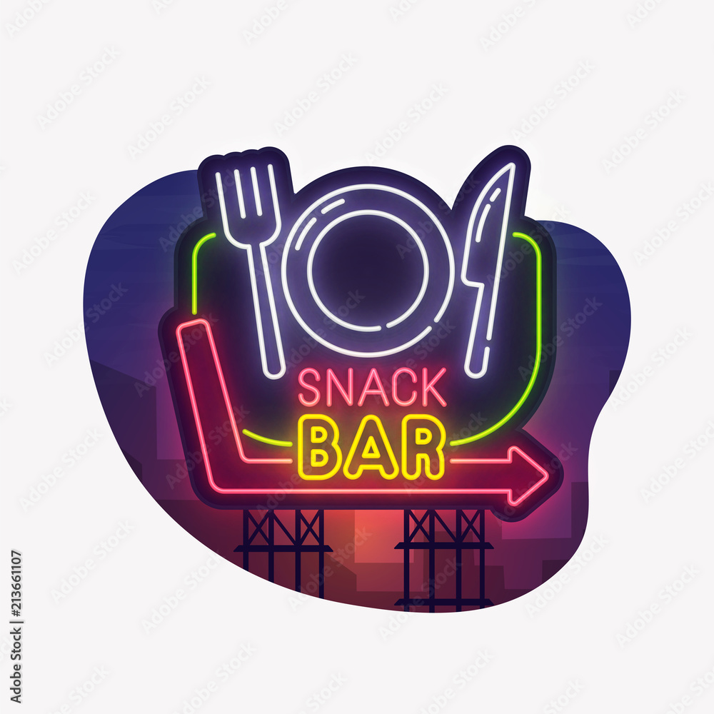 Sticker cut isolated. Night city. Sign neon. Snack Bar. Bright ...
