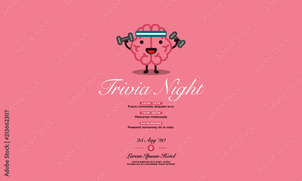 Trivia Night Poster with Brain Cartoon Vector Illustration with Text ...