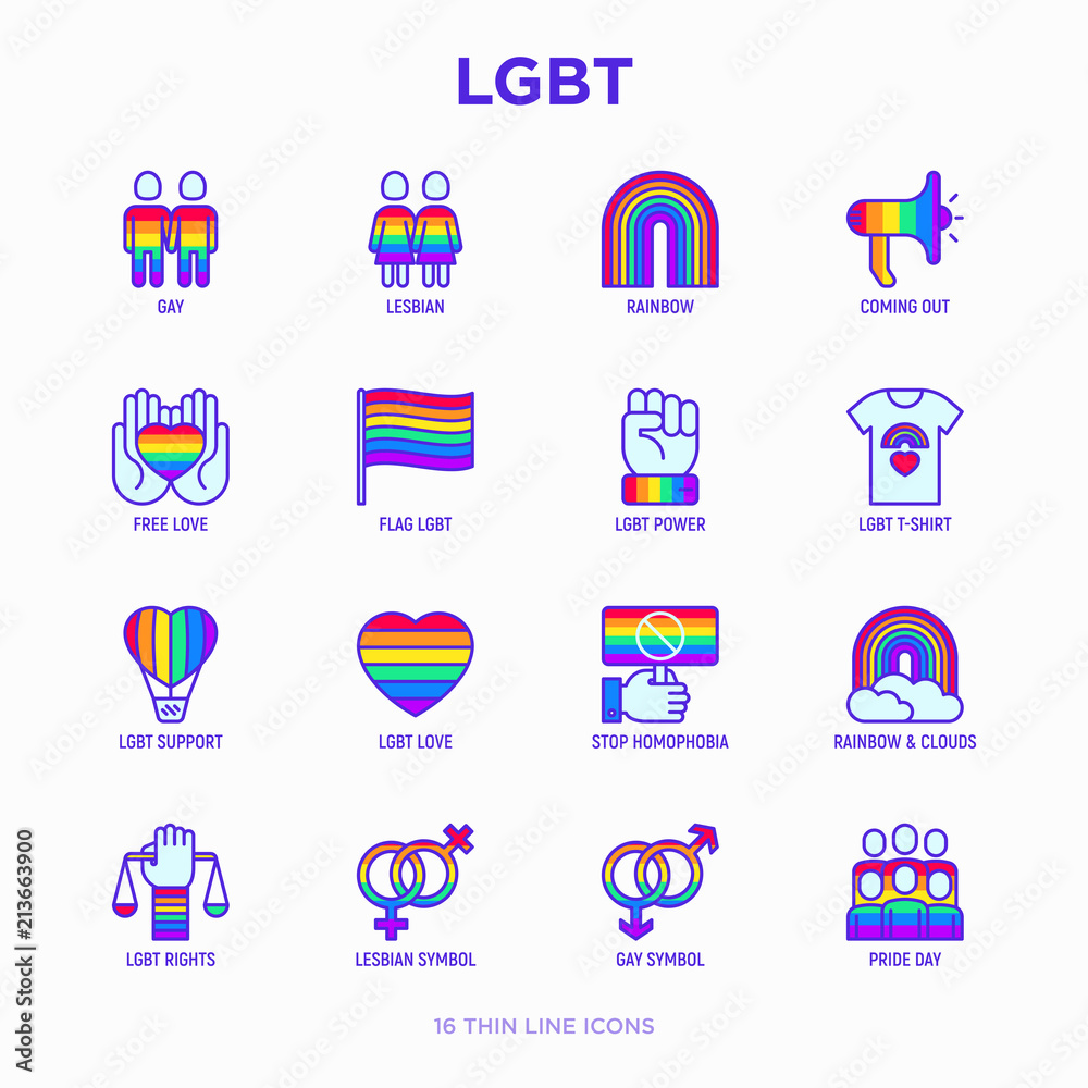 Lgbt Thin Line Icons Set Gay Lesbian Rainbow Coming Out Free Love