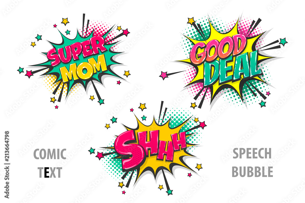 Super mom shh good deal pop art style set hand drawn sound effects ...