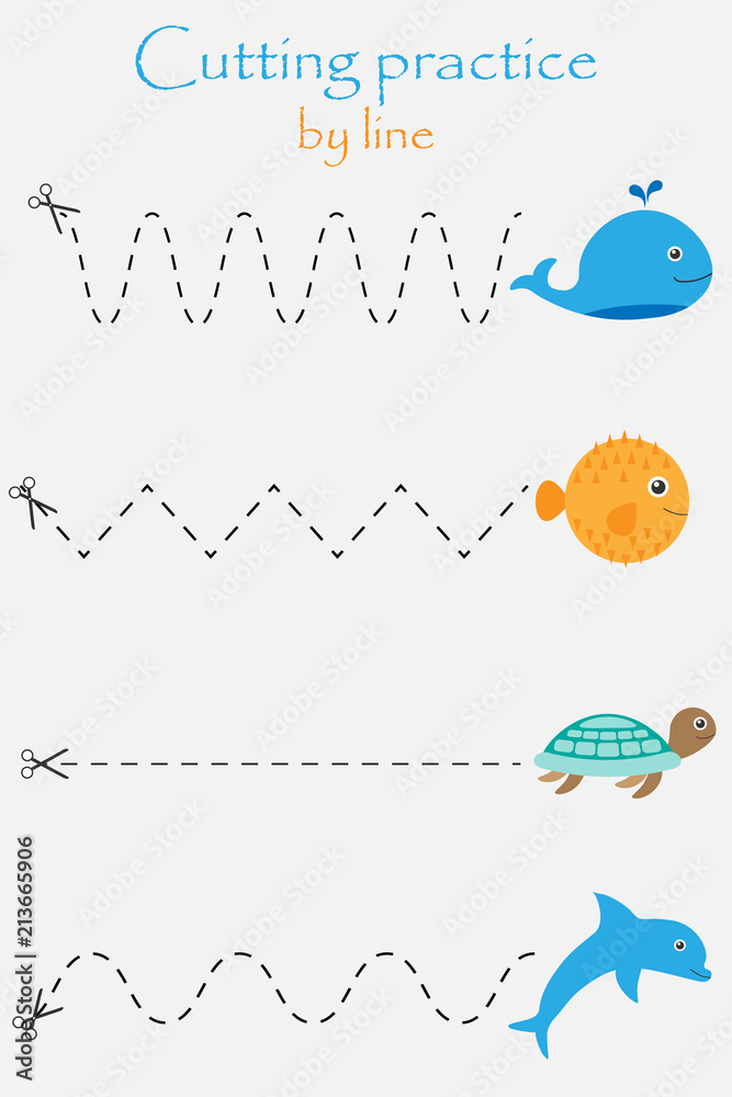 Ocean animals (puffer fish, turtle, wheel, dolphin) in cartoon style ...