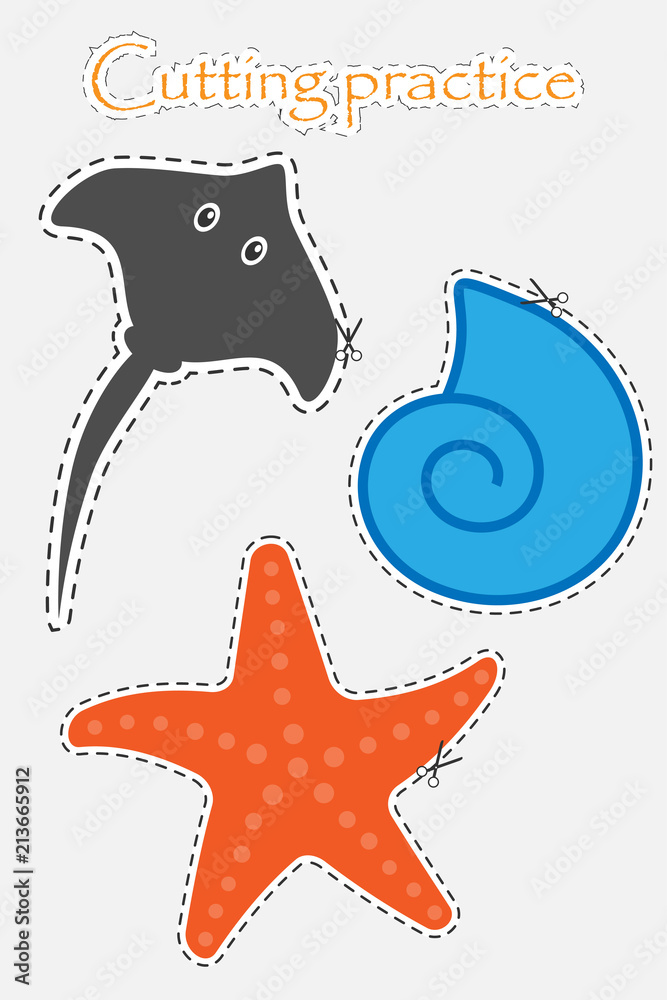 Starfish, stingray and shell in cartoon style, cutting practice ...