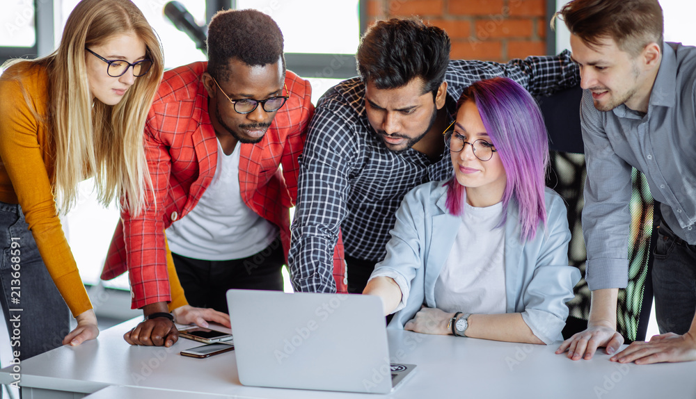 Multi-Ethnic Group of People standing near woman with violet hair ...
