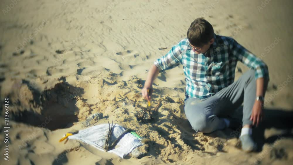 The man is engaged in excavating bones in the sand, Skeleton and ...