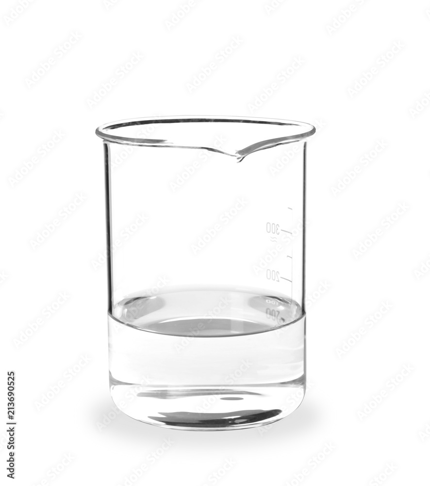Beaker with liquid on white background. Laboratory analysis equipment ...
