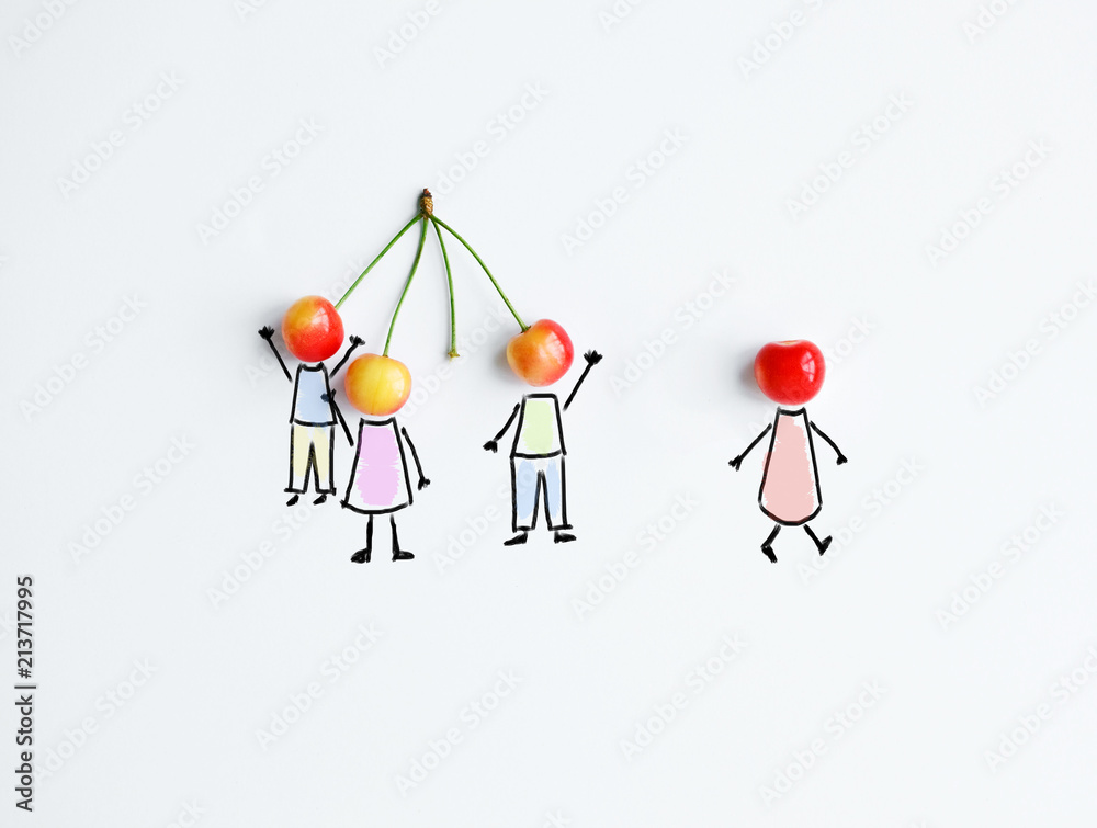 Cherry with hand drawing shapes of team or friends. One is separating ...