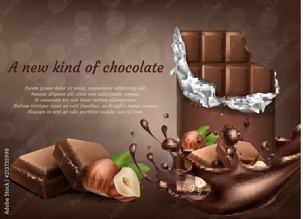 Vector 3d realistic chocolate with hazelnut ad poster, banner with ...