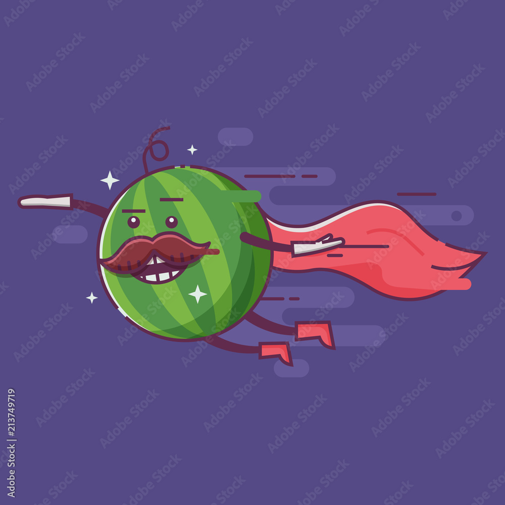 Funny cartoon superhero watermelon character with mustache, humanized ...