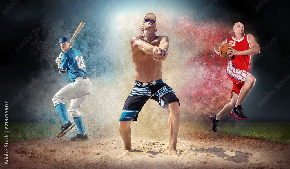 Collage of team sport players in action around color splash drops Stock ...