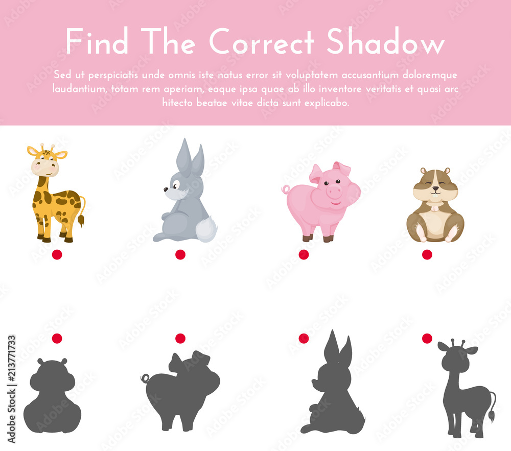Animals and their shapes shadow matching game vector illustration ...