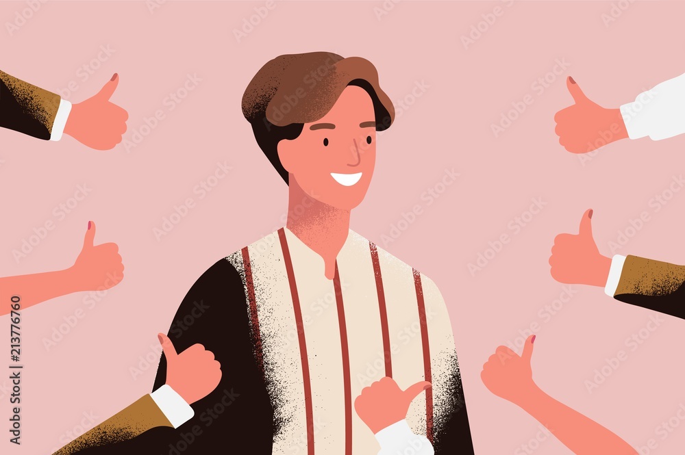 Cheerful young man surrounded by hands demonstrating thumbs up gesture ...