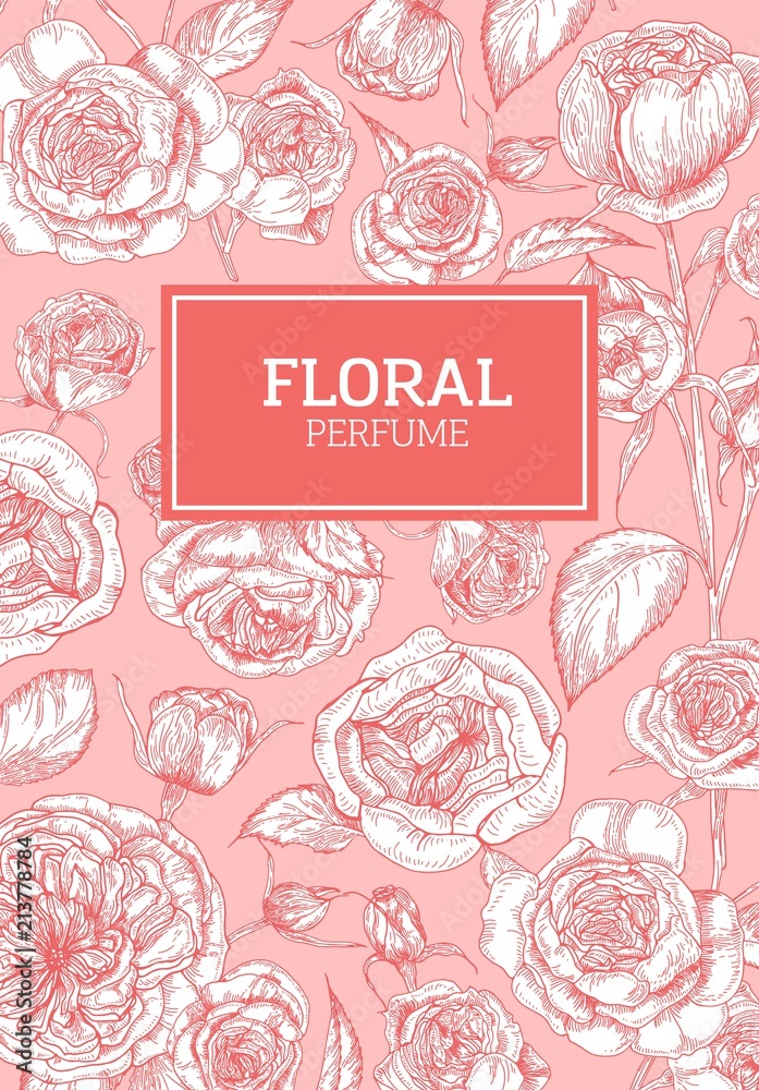 Beautiful flyer template decorated with pattern with English rose ...