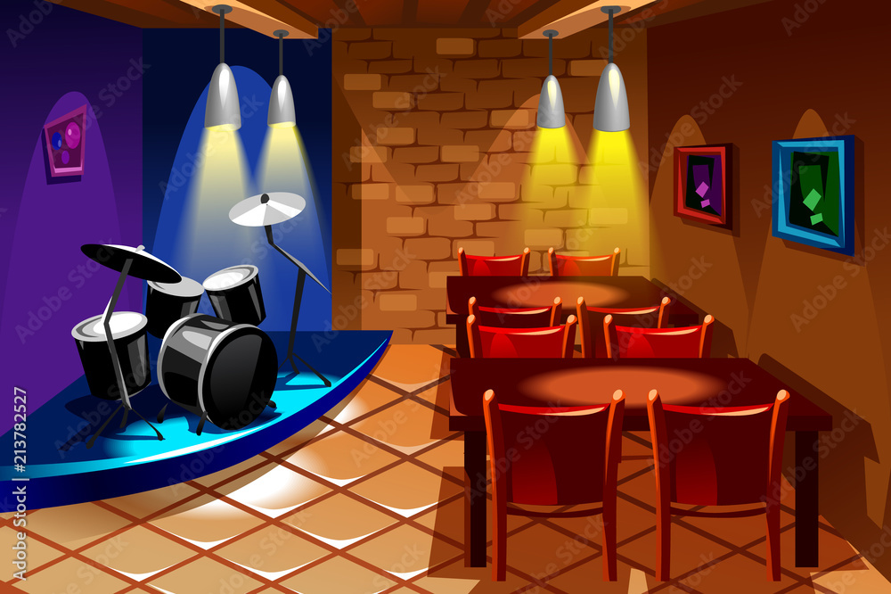 vector illustration of bar, restaurant, musicians, party, drums, drum ...