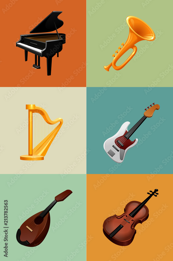 vector set of realistic musical instruments trumpet saxophone flute ...