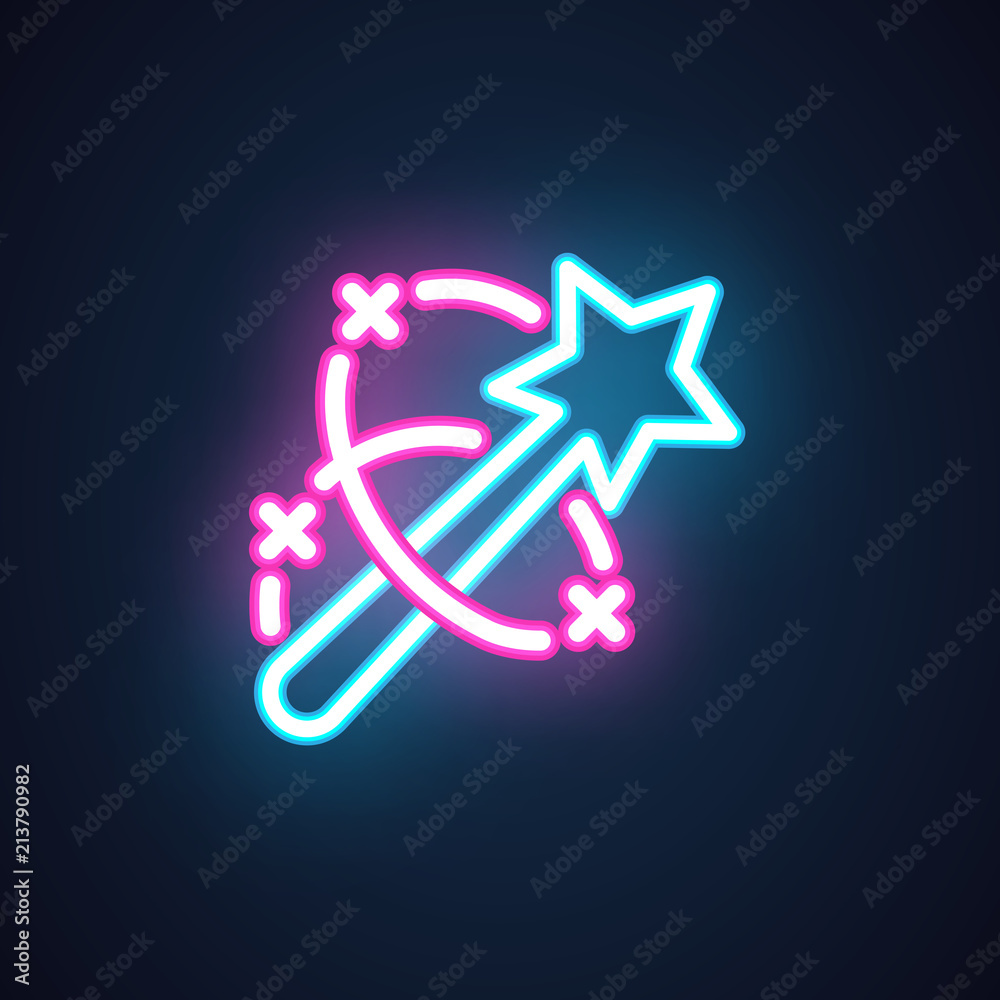Neon magic wand icon. Glowing label of illusionist show, circus ...