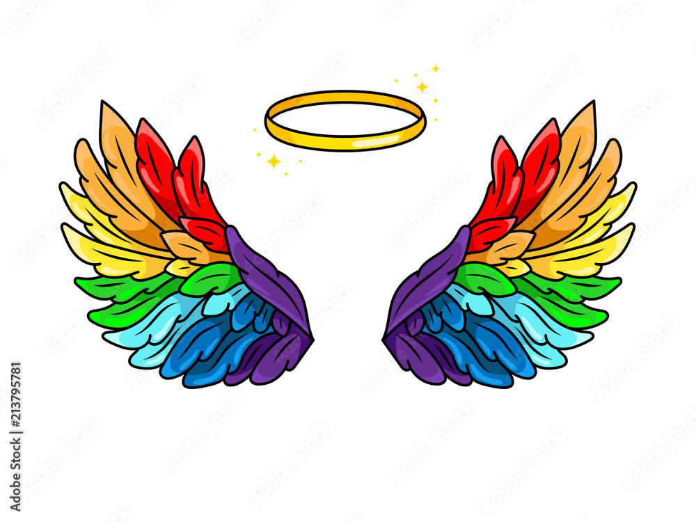 Magic rainbow-colored wings in 80s-90s youth pop art comics style. Wide ...