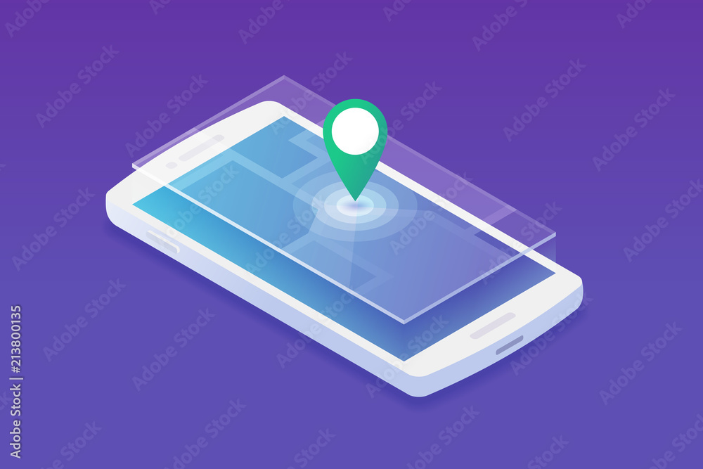 Isometric smartphone with location marker showing place on separate ...