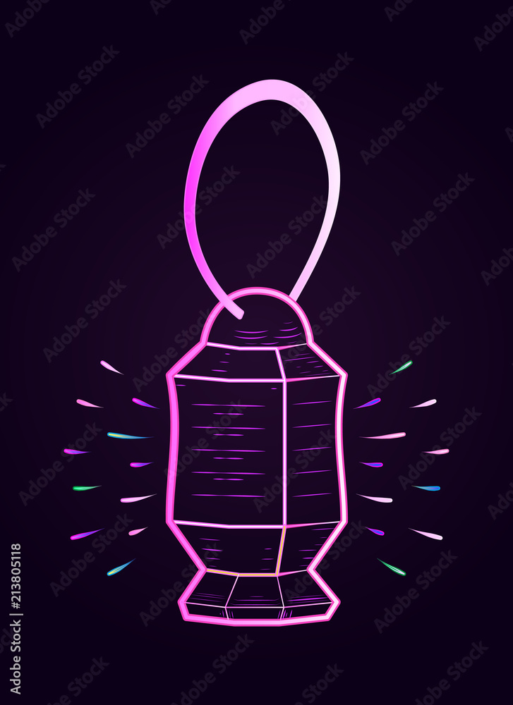 Bright neon outline hand drawing lantern; magic lamp illustration ...