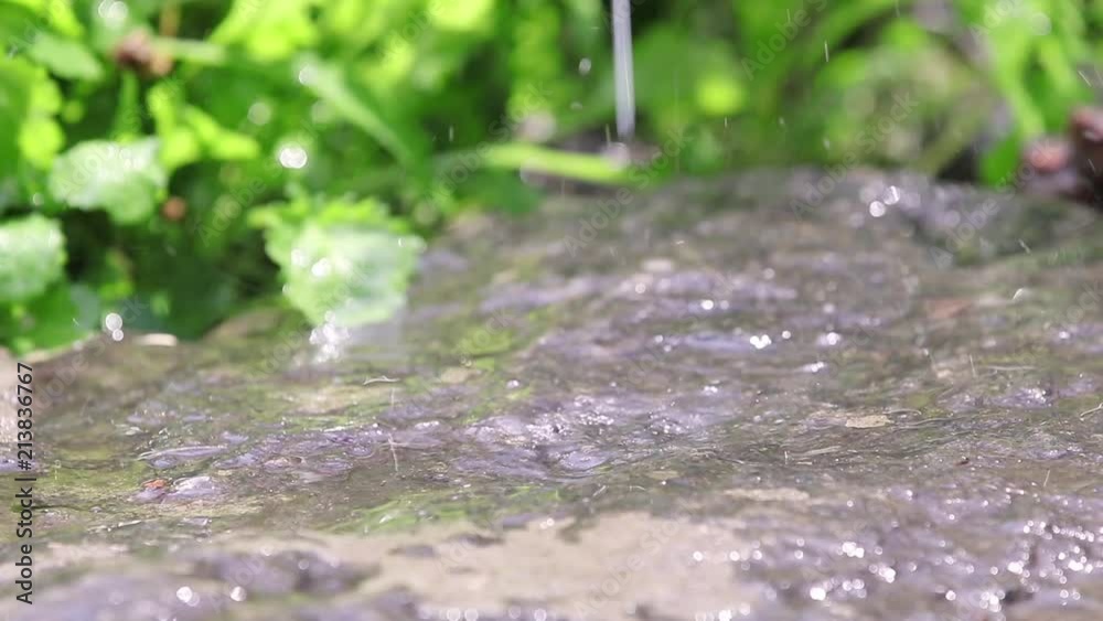 Drops of rain fall on the granit stone in the garden. Drops of water ...
