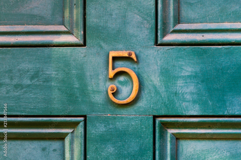 House door number 5 in bronze on an older wooden painted green door ...
