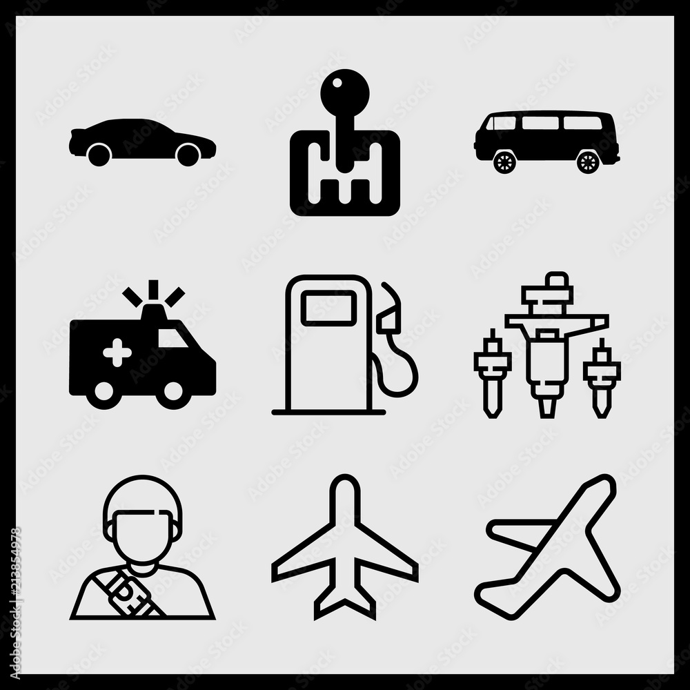 Simple 9 icon set of car related commercial car side view silhouette ...
