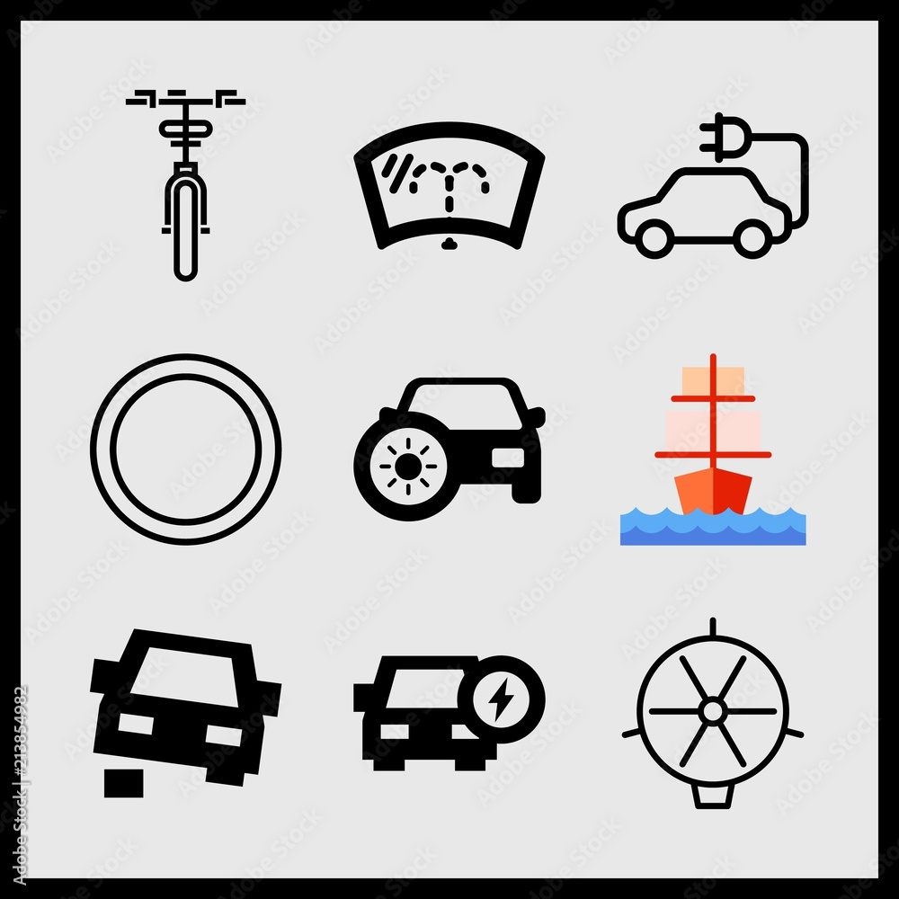 Simple 9 icon set of car related bicycle, electric car, windscreen and ...
