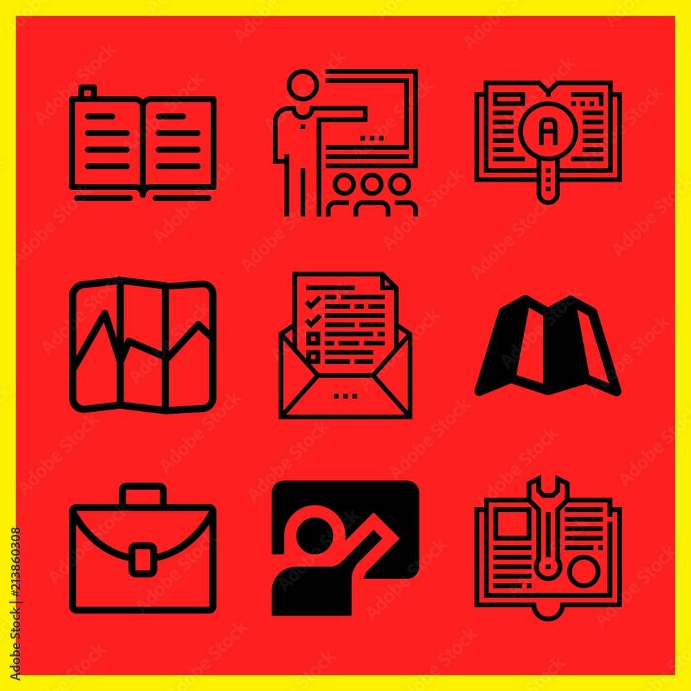 Simple 9 icon set of edication related case, classroom, map and ...