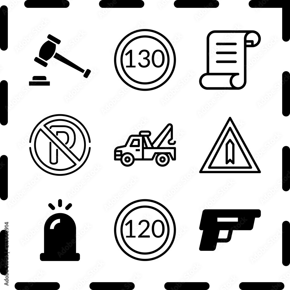 Simple 9 icon set of law related speed limit, traffic sign, no parking ...
