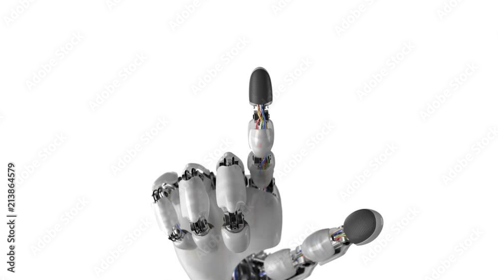 Robotic Hand Presses on the Screen on a White and Green Backgrounds ...