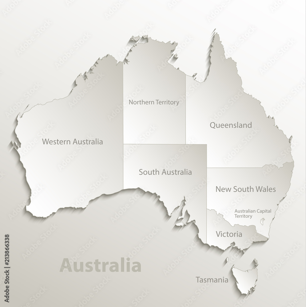Australia map separate region individual names card paper 3D natural ...
