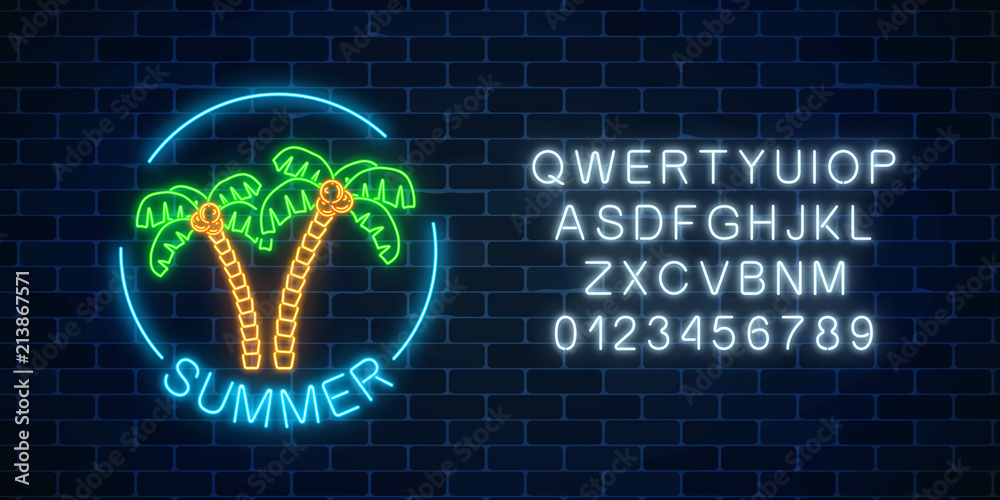 Glowing neon summer sign with two palms, text in round frame and ...