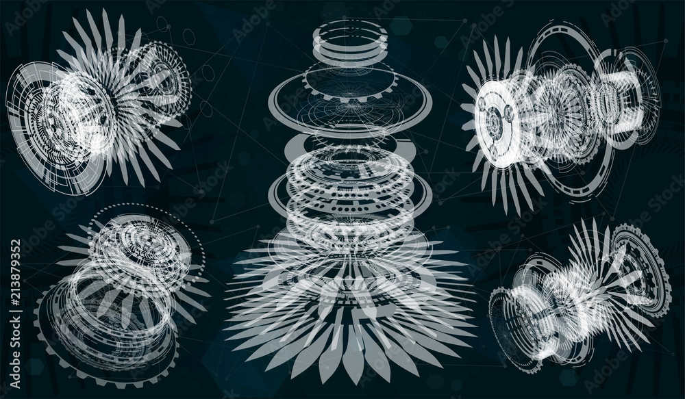 Mechanical scheme, vector illustration with circles and geometric parts ...