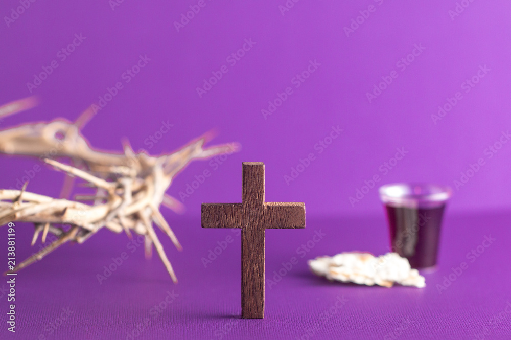 Symboles of Christianity and the Communion on a Purple Background Stock ...