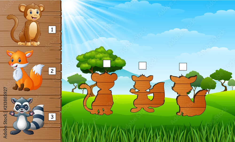 Cartoon wild animals collection set. Find the correct shadow on board ...