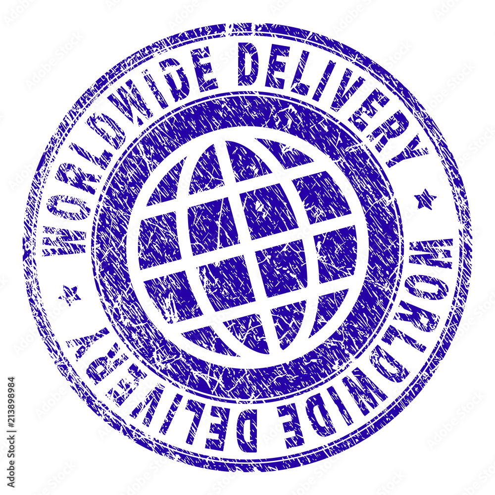 WORLDWIDE DELIVERY stamp watermark with distress texture. Blue vector ...