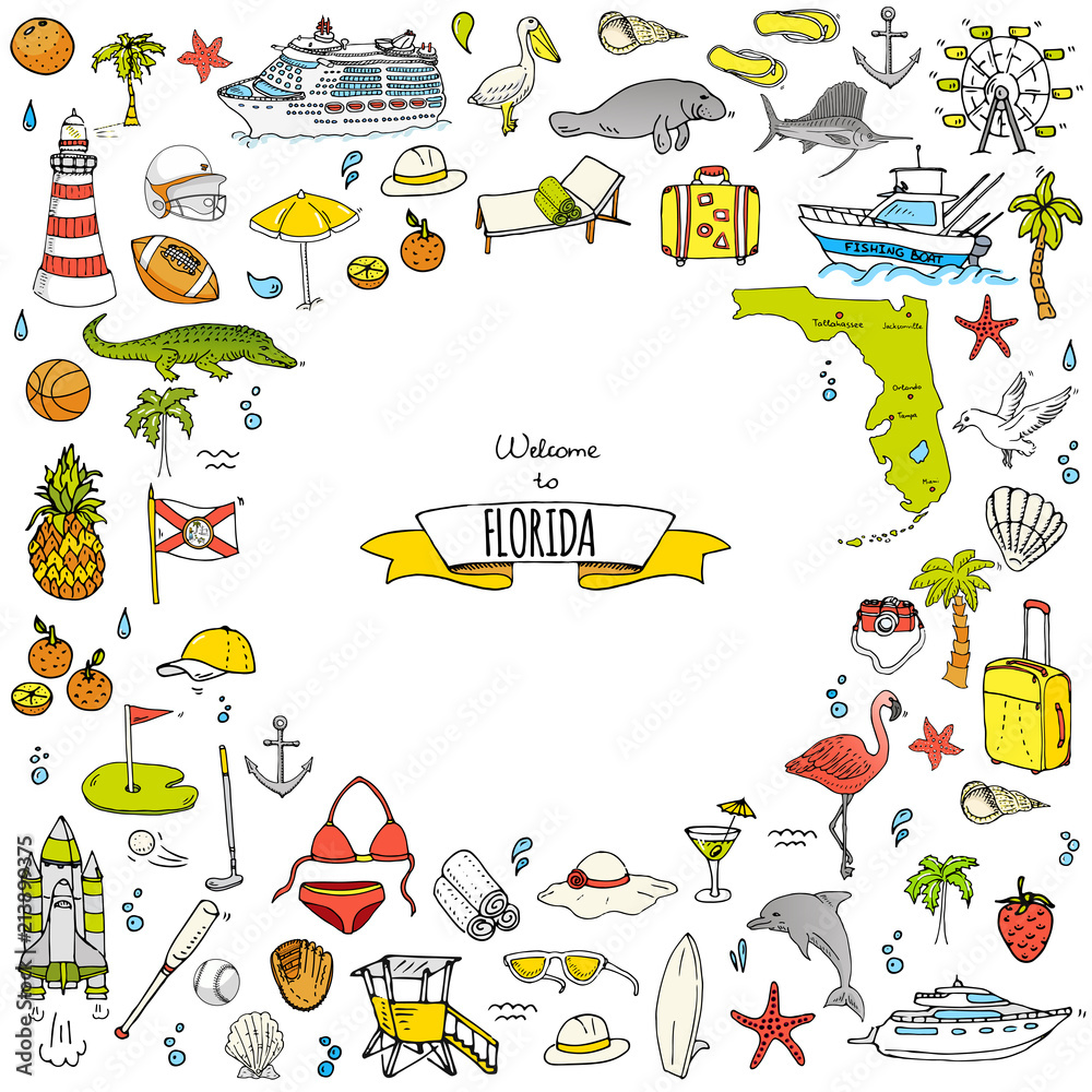 Hand drawn doodle Florida icons set. Vector illustration, isolated ...