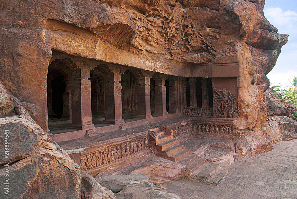 Cave 1 : Facade. Badami Caves, Karnataka, India. Depicting carvings of ...