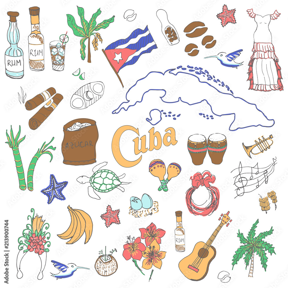 Set of hand drawn Cuba icons, Cuban sketch illustration, doodle ...