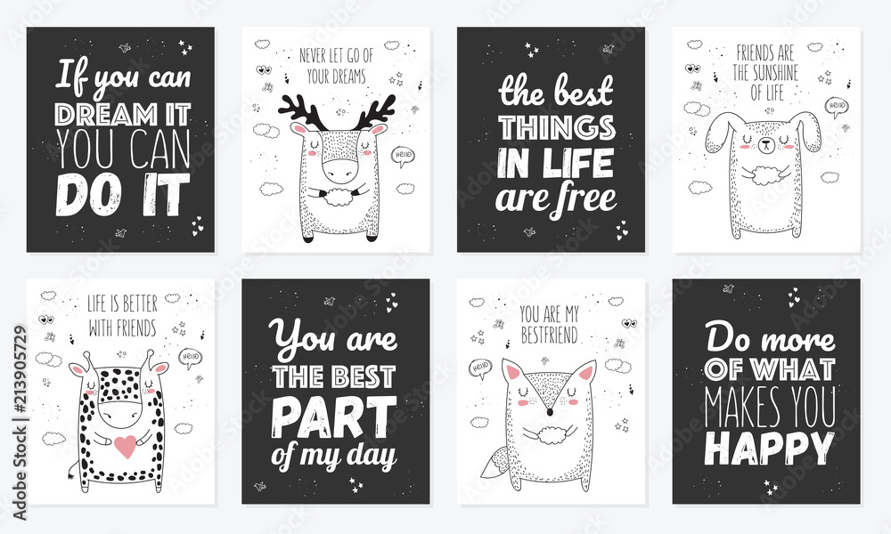 Vector set of postcards with animals and slogan about friend. Doodle ...