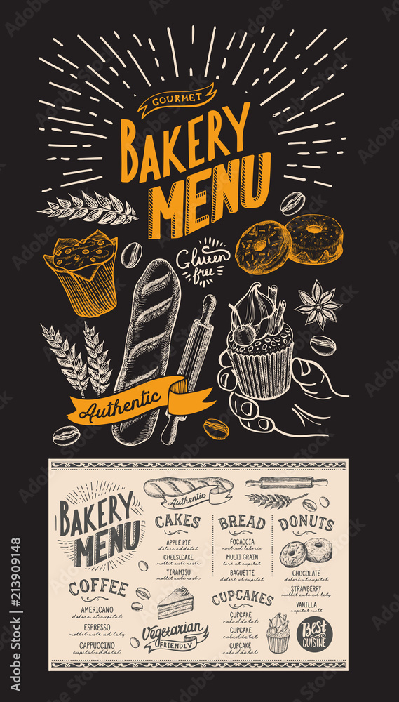 Dessert menu for restaurant. Bakery template with food hand-drawn ...
