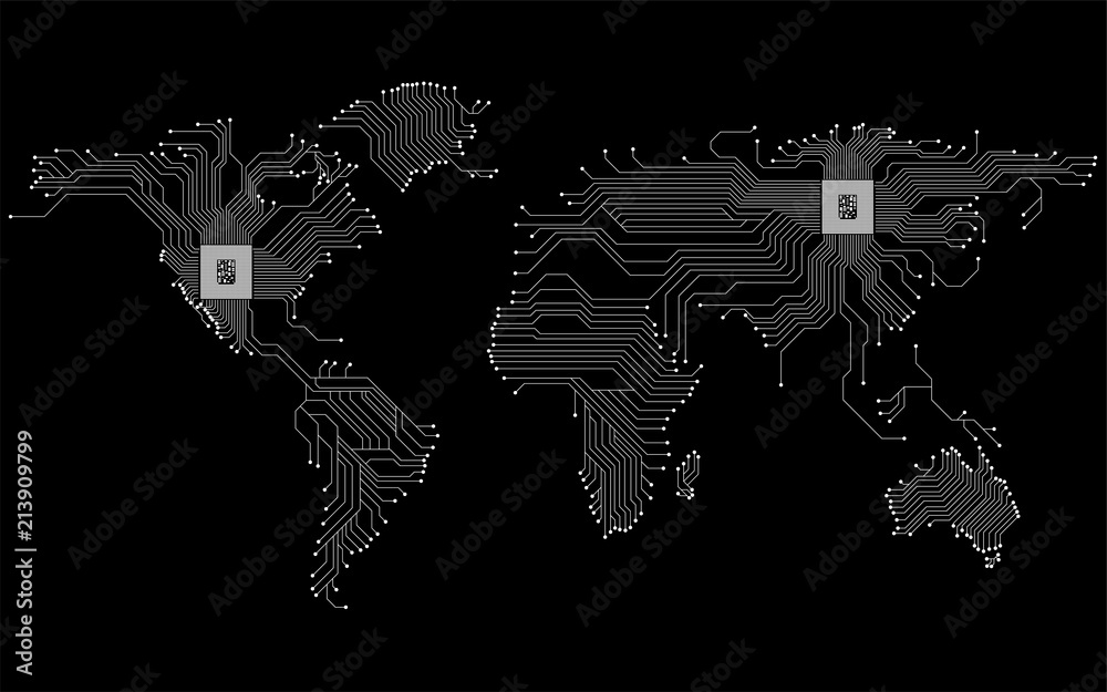 Abstract world map with cpu. Circuit board. Technology background Stock ...