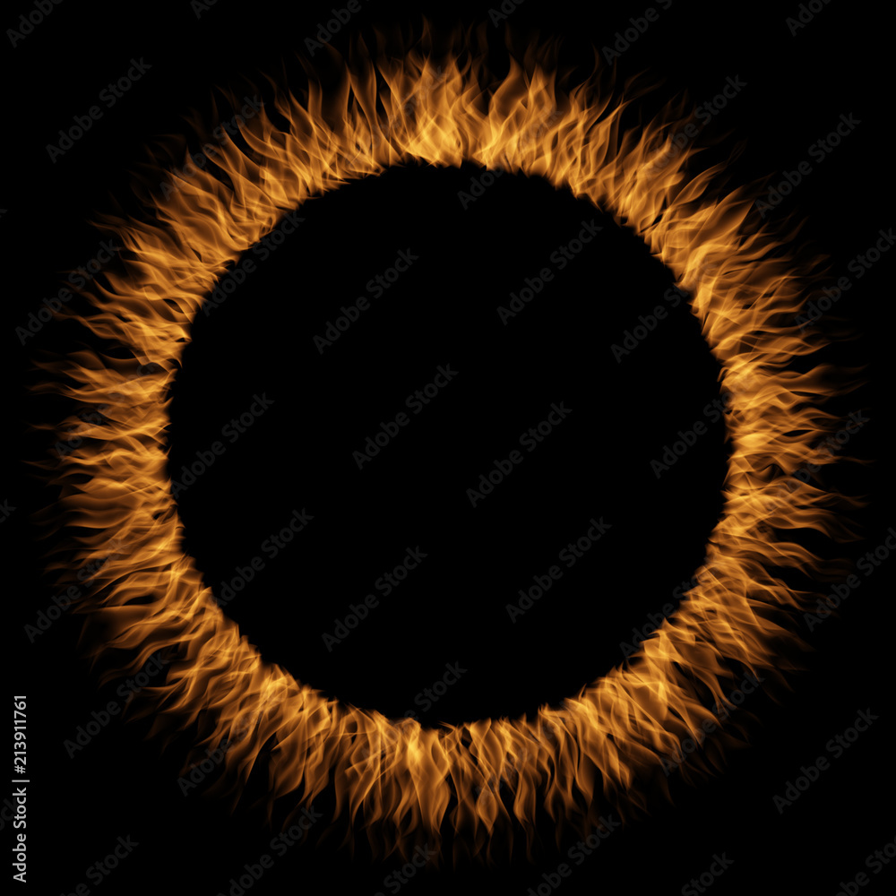 Conceptual yellow orange hot raging blaze of fire, circle round ring ...