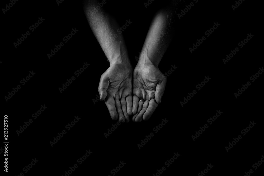 Helping hand concept, Man's hands palms up, giving care and support ...